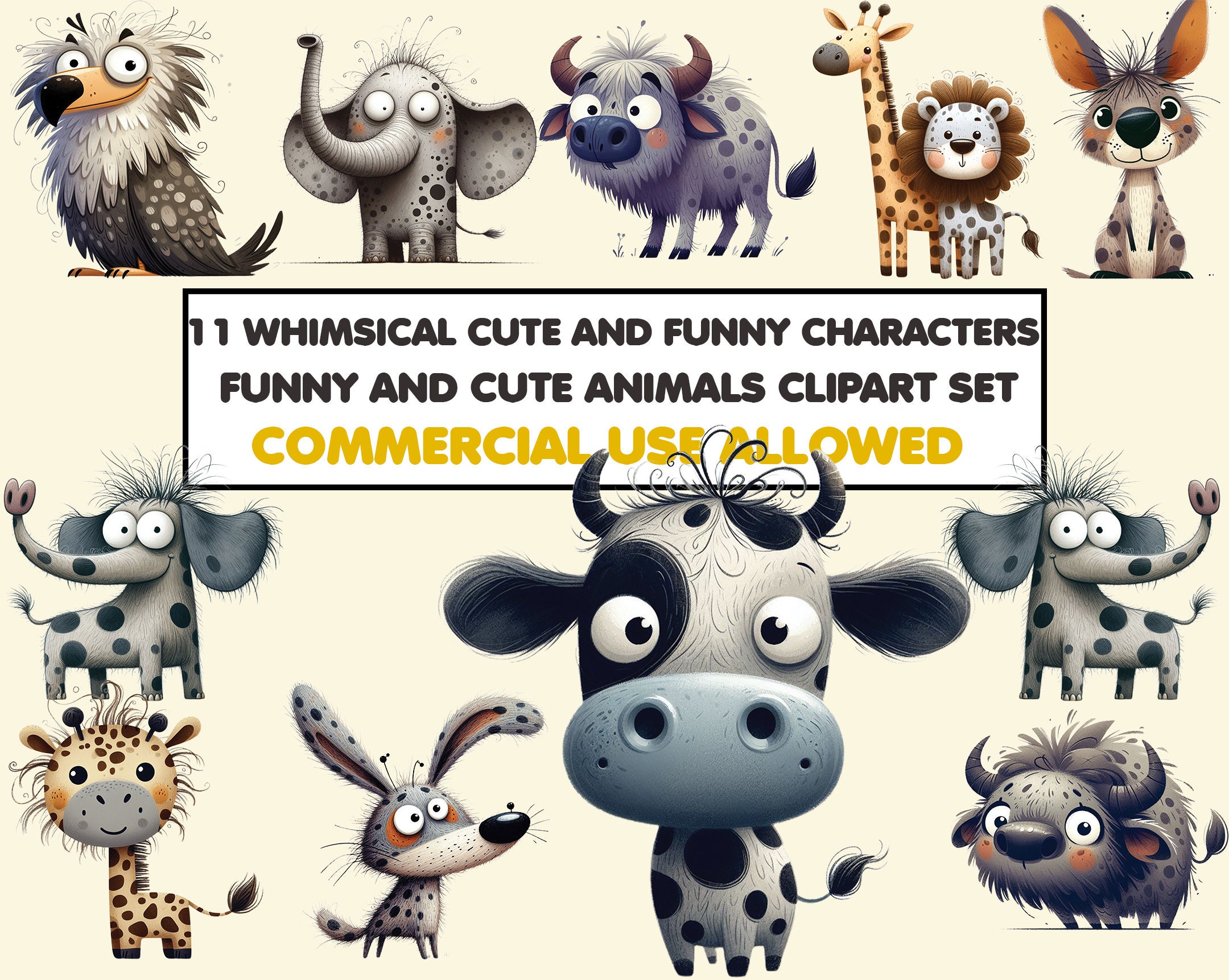 11 Cute & Funny Animals Whimsical Clipart Printable Transparent ...