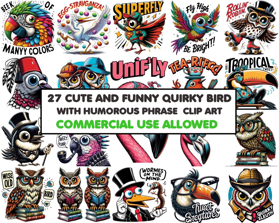 18 Humorous Phrase Clip Art: Whimsical Bird Clipart Collection PNG ...