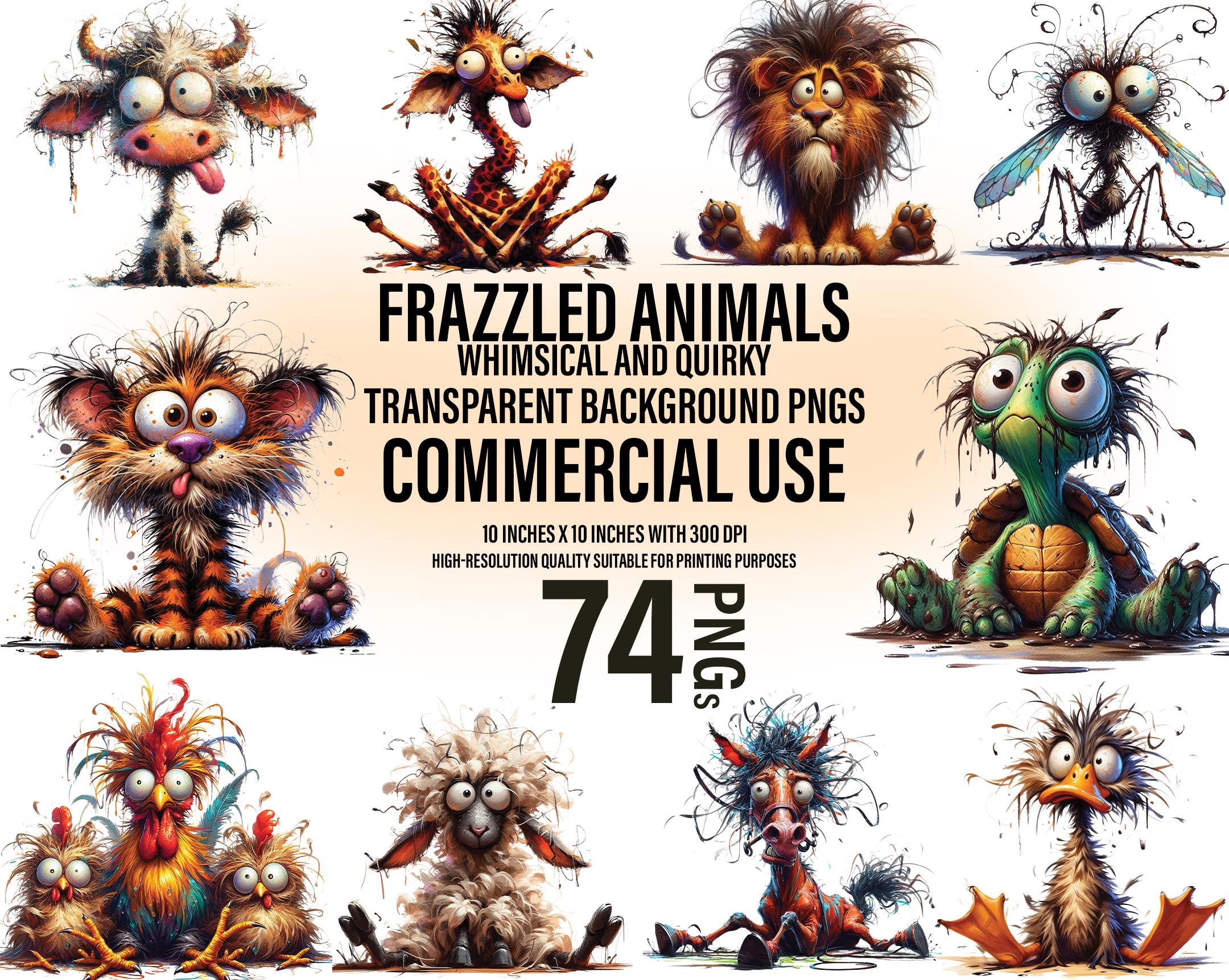 74 Quirky Frazzled Animals Cliparts: Whimsical PNG (digital Download ...