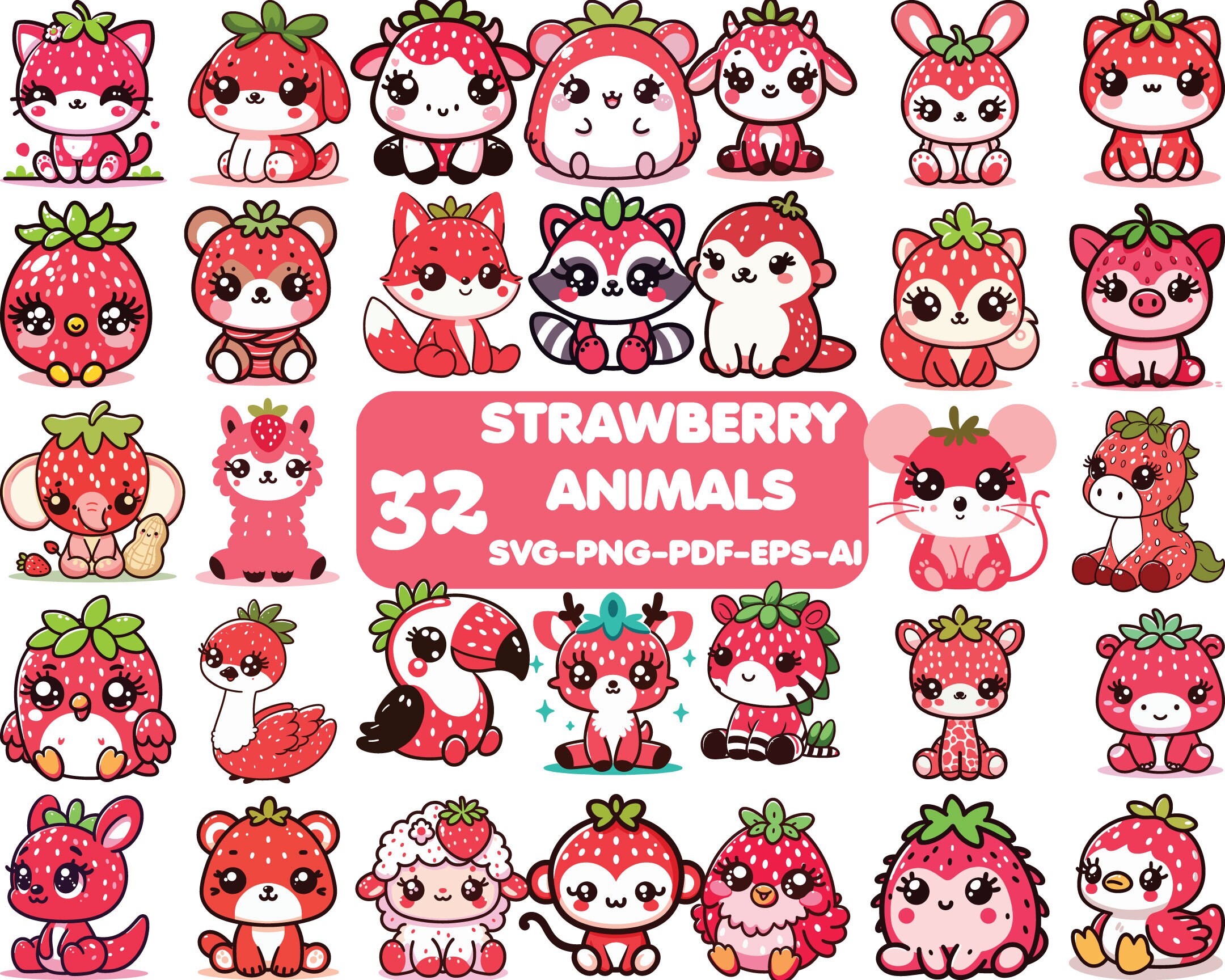 32 Cute Strawberry Animals SVG File for Cricut, Layered SVG Bundle ...