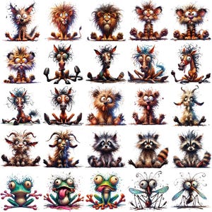 74 Quirky Frazzled Animals Cliparts: Whimsical PNG (digital Download ...