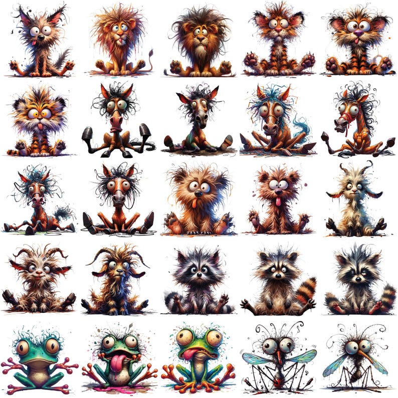 74 Quirky Frazzled Animals Cliparts: Whimsical PNG (digital Download ...
