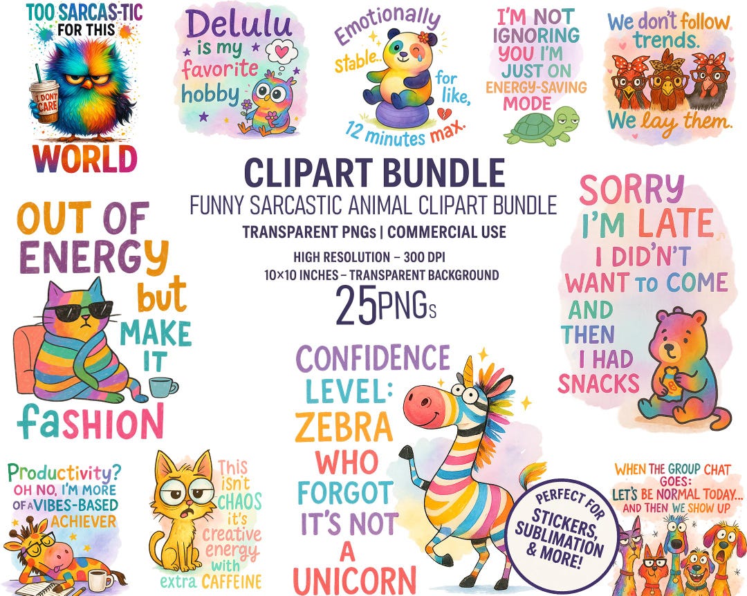 Funny Sarcastic Animal Clipart Bundle: Watercolor Humor Pngs (digital ...