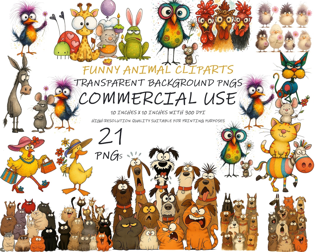 Funny Animal Clipart Bundle – 21 Transparent Pngs – Commercial Use ...
