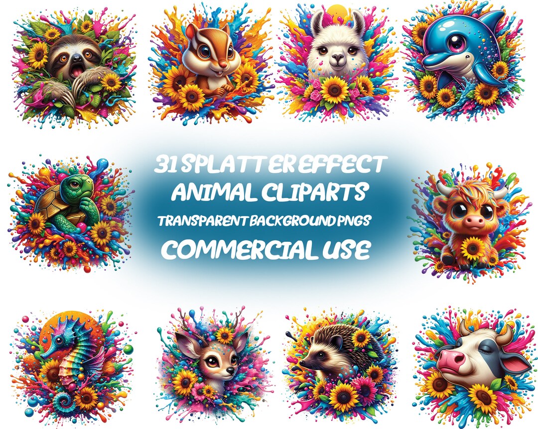 31 Dynamic Splatter Paint Animals Cliparts With Vibrant Sunflowers ...