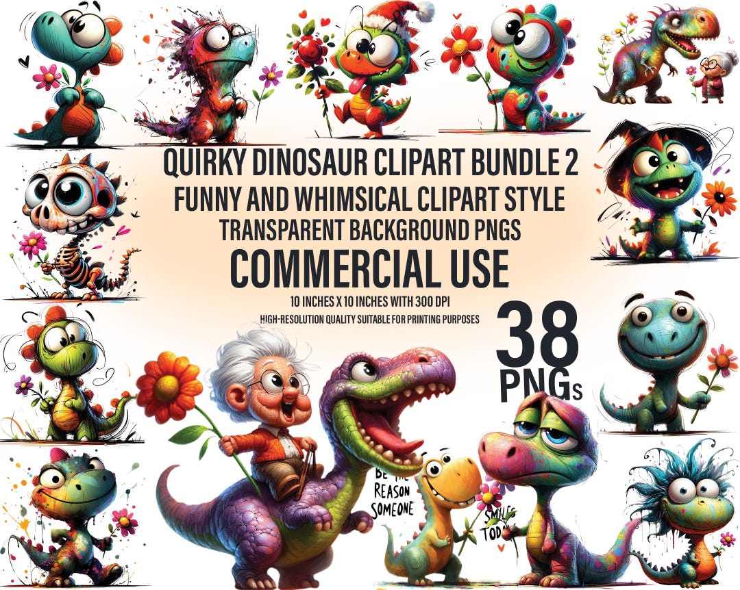 38 Whimsical Dinosaur Clipart Bundle 2 | Quirky and Funny Dinosaur ...