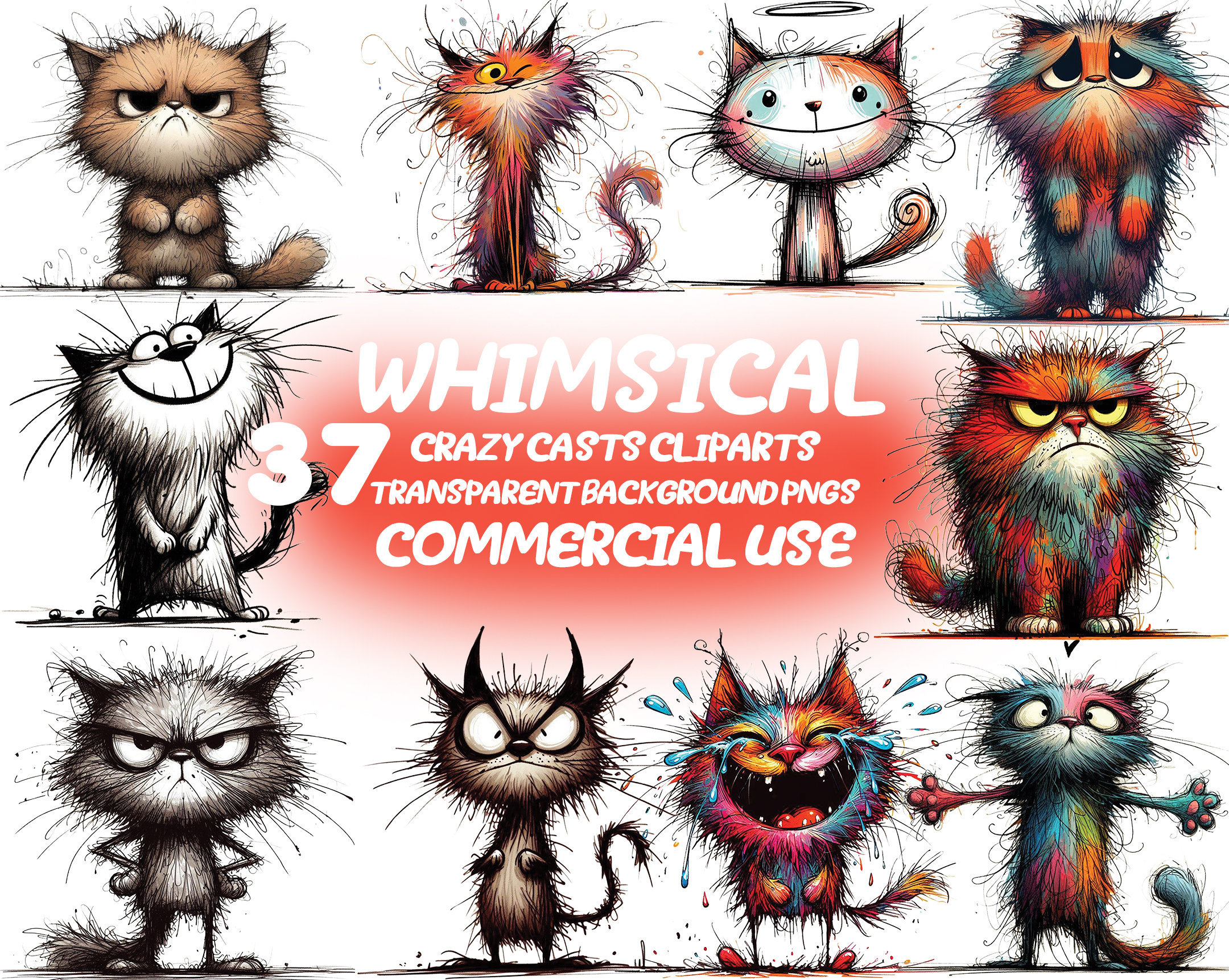 37 Whimsical Cats Clipart Bundle Cats Smileys & Emotion, Beaming Face Cat, Printable Transparent ...