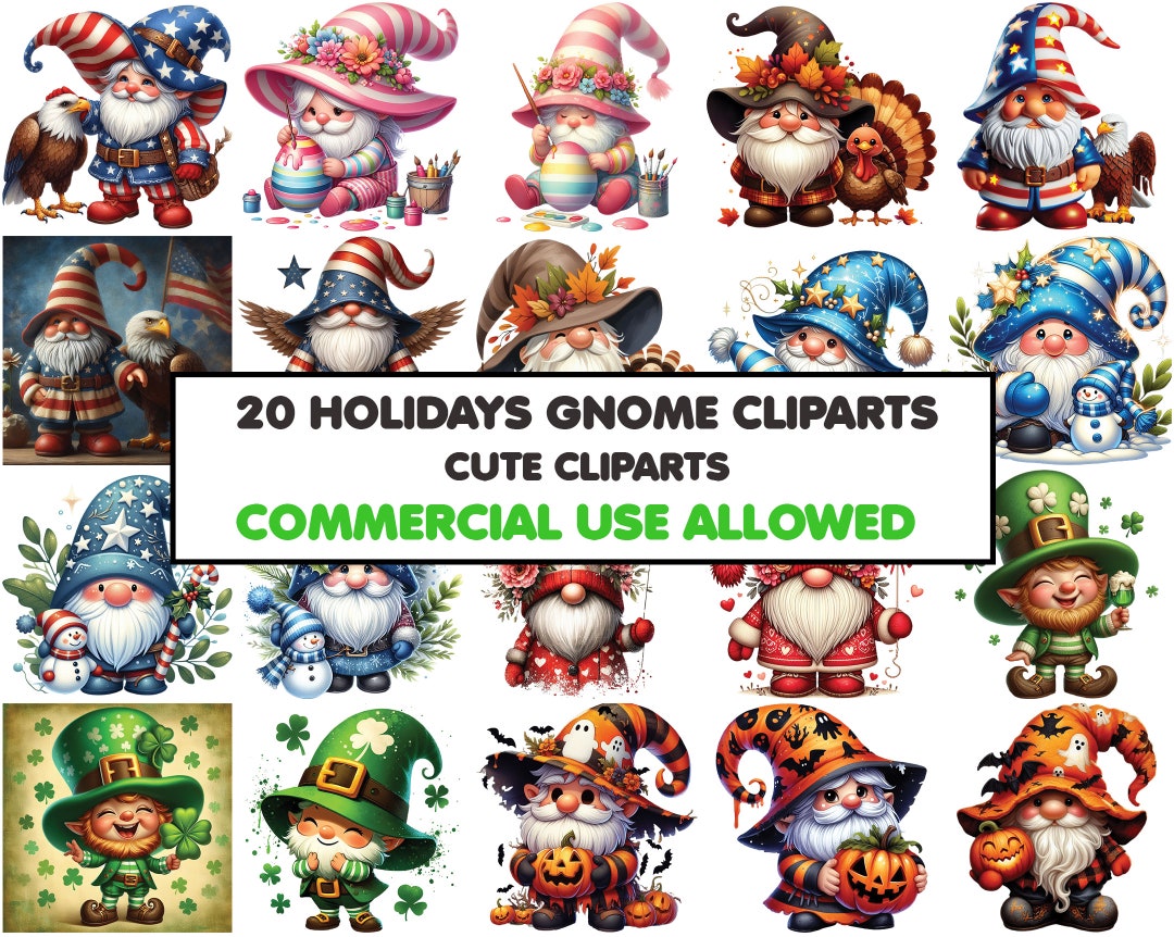 20 Holidays Gnome Cliparts: Patriotic Gnome Clipart Bundle, Digital ...