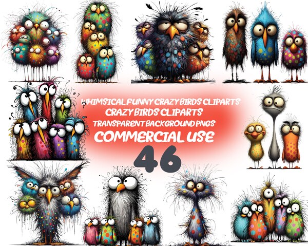 15 Cute Whimsical Bird Clipart, Funny Bird Clipart, High Quality Jpgs ...