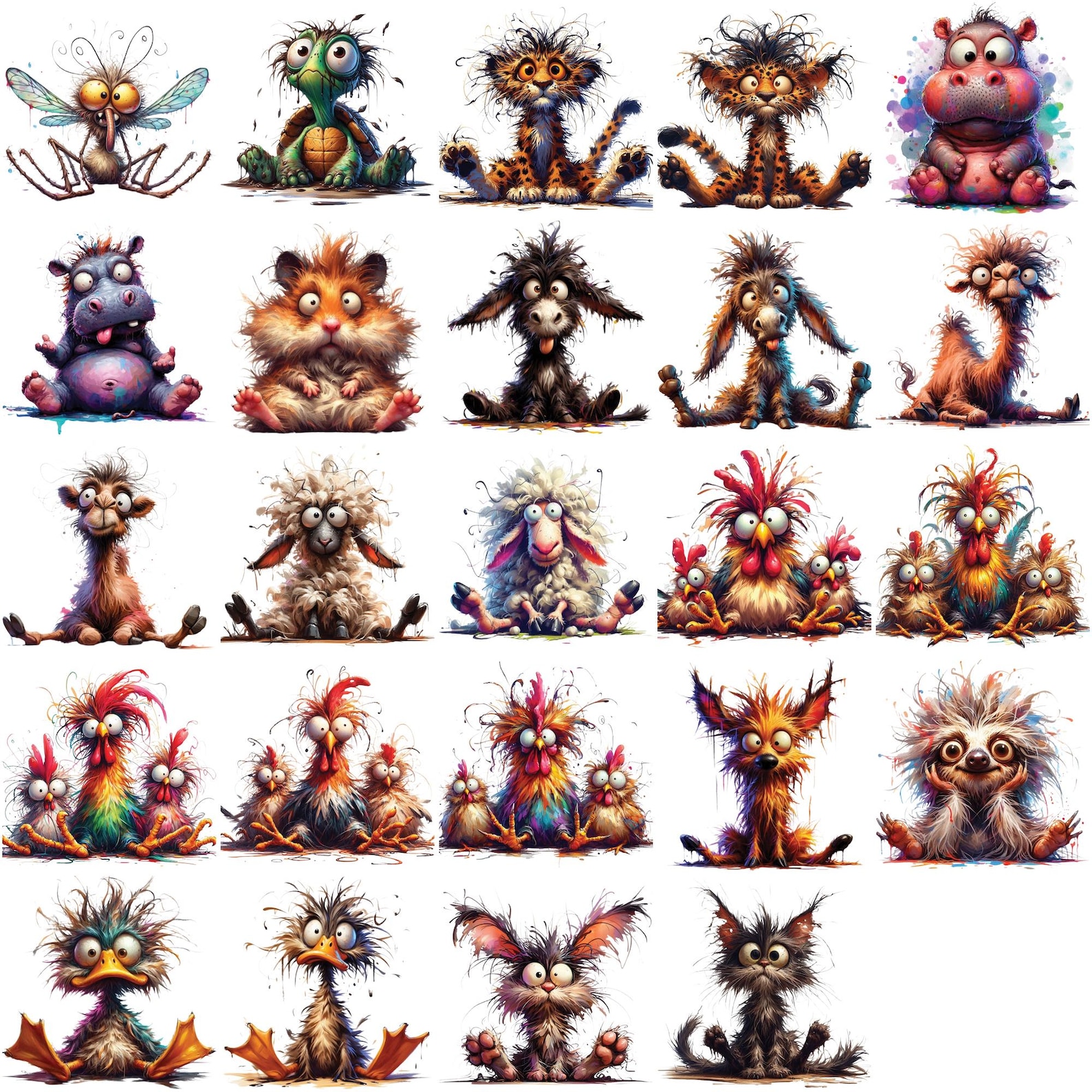 74 Quirky Frazzled Animals Cliparts: Whimsical PNG (digital Download ...