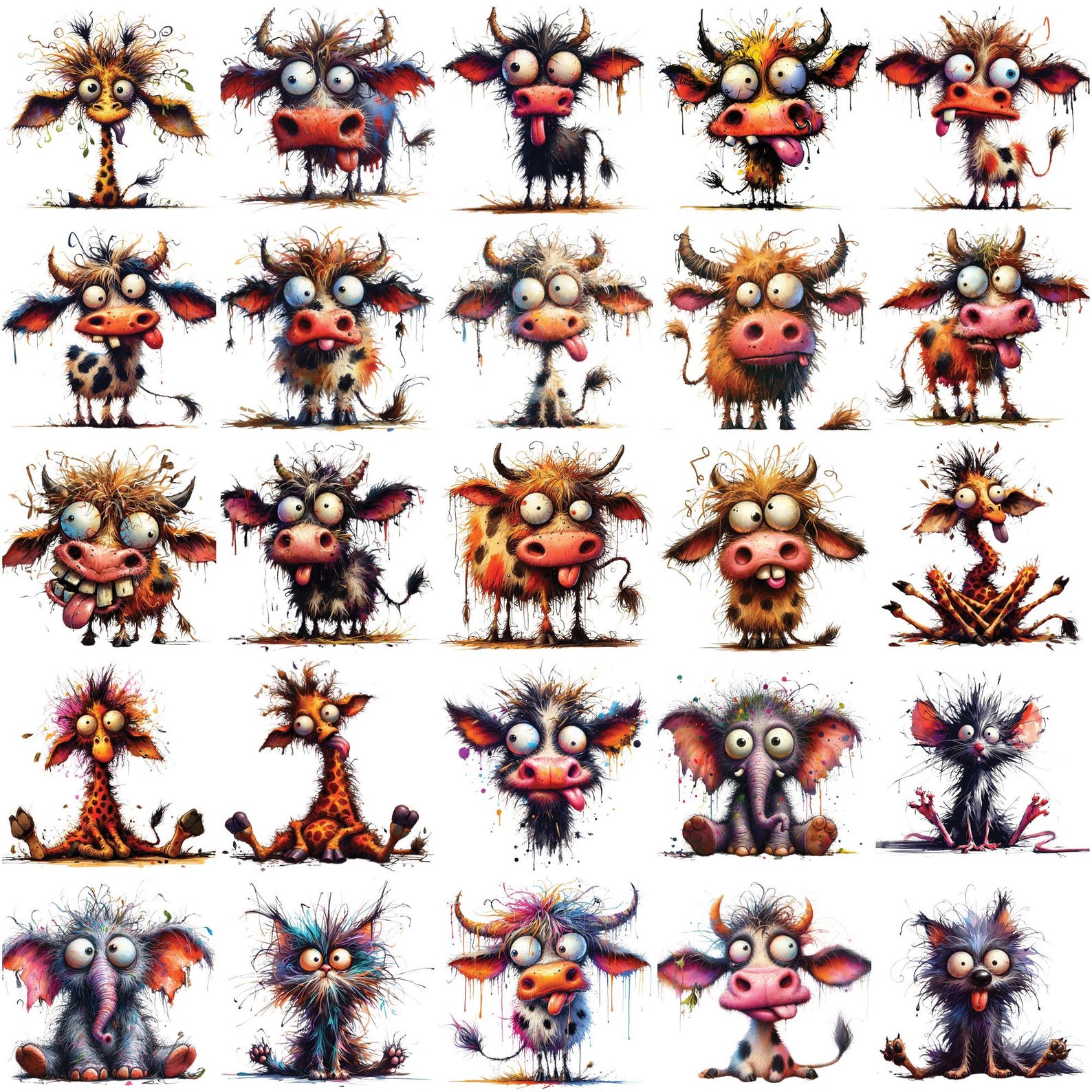 74 Quirky Frazzled Animals Cliparts: Whimsical PNG (digital Download ...