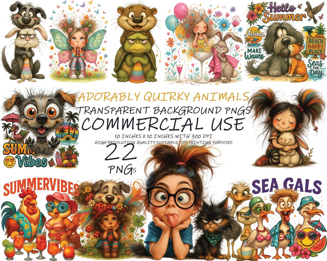 Summer Beach Animal Clipart: Quirky PNG Bundle (digital Download) - Etsy