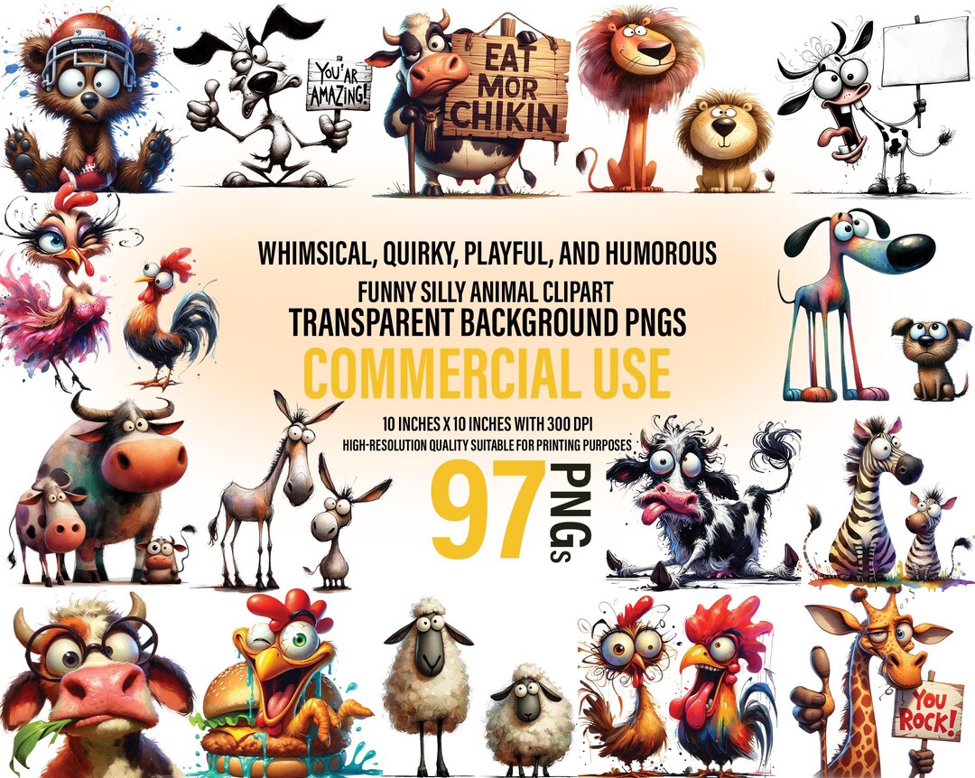 Funny Farm Animals Clipart: Sarcastic, Eccentric Faces (digital ...
