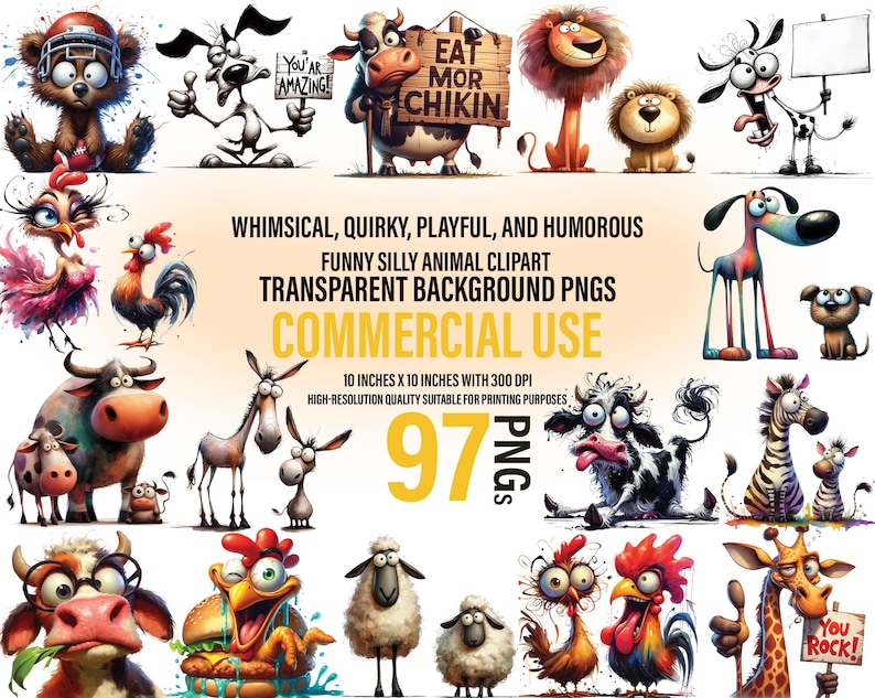Funny Farm Animals Clipart: Sarcastic, Eccentric Faces (digital ...