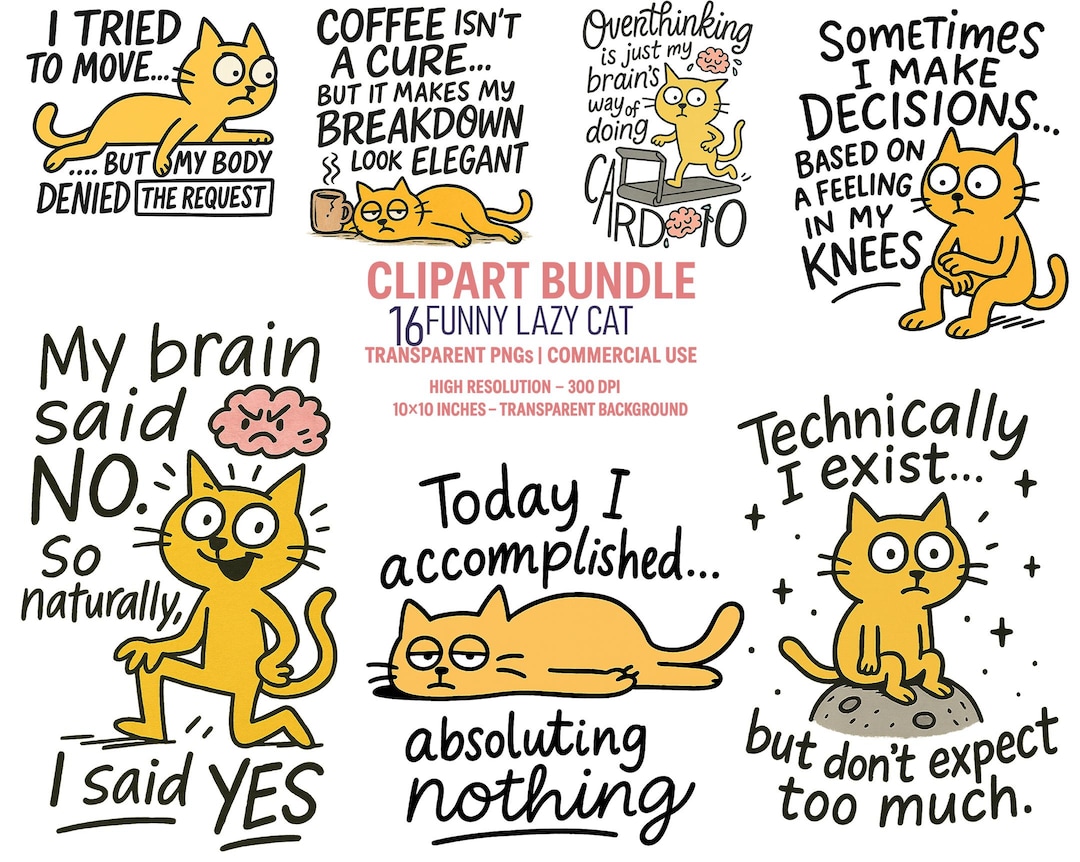 Funny Lazy Cat Clipart Bundle: Sarcastic PNG Graphics (16 Pngs) - Etsy