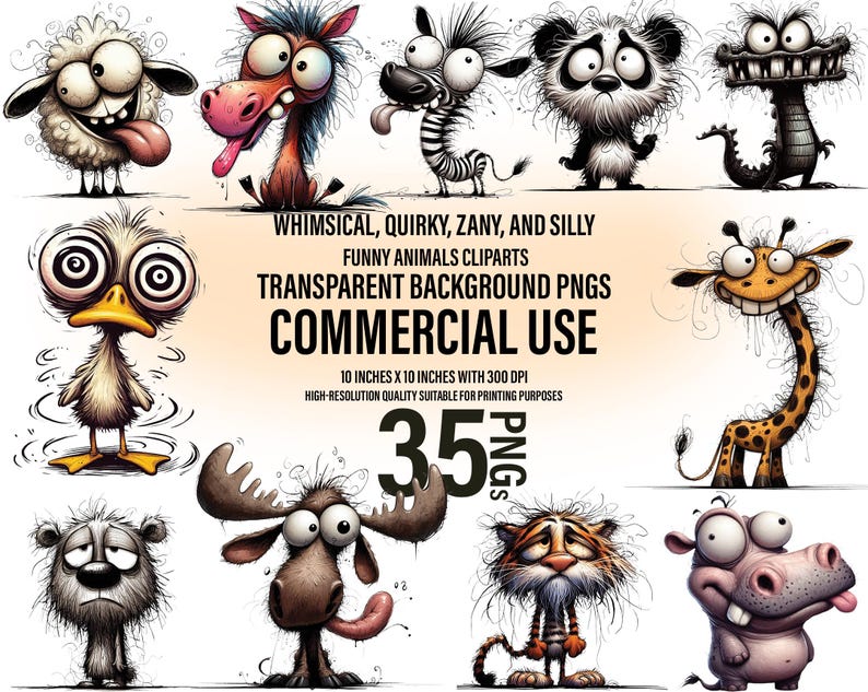 Funny Animal Cliparts: 35 Whimsical PNG Designs (digital Download) - Etsy