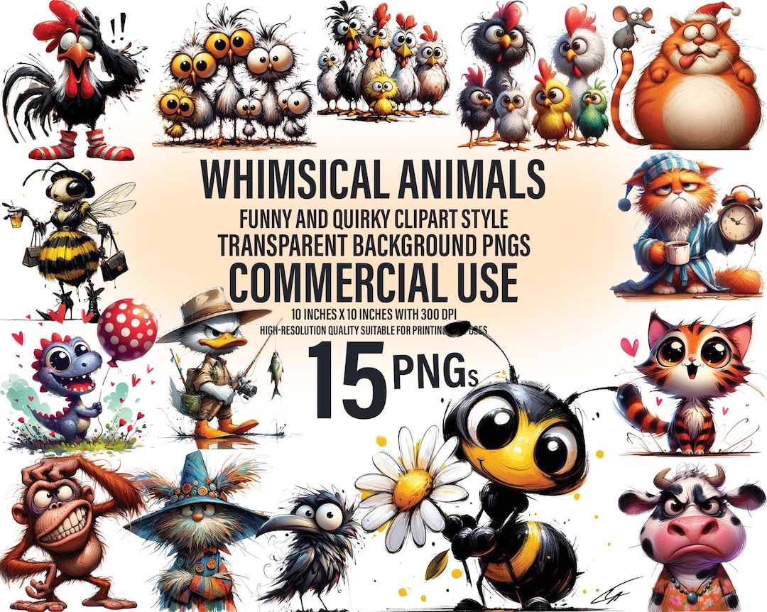 15 Whimsical Animals Clipart Bundle | Quirky, Playful, Silly, Humorous ...