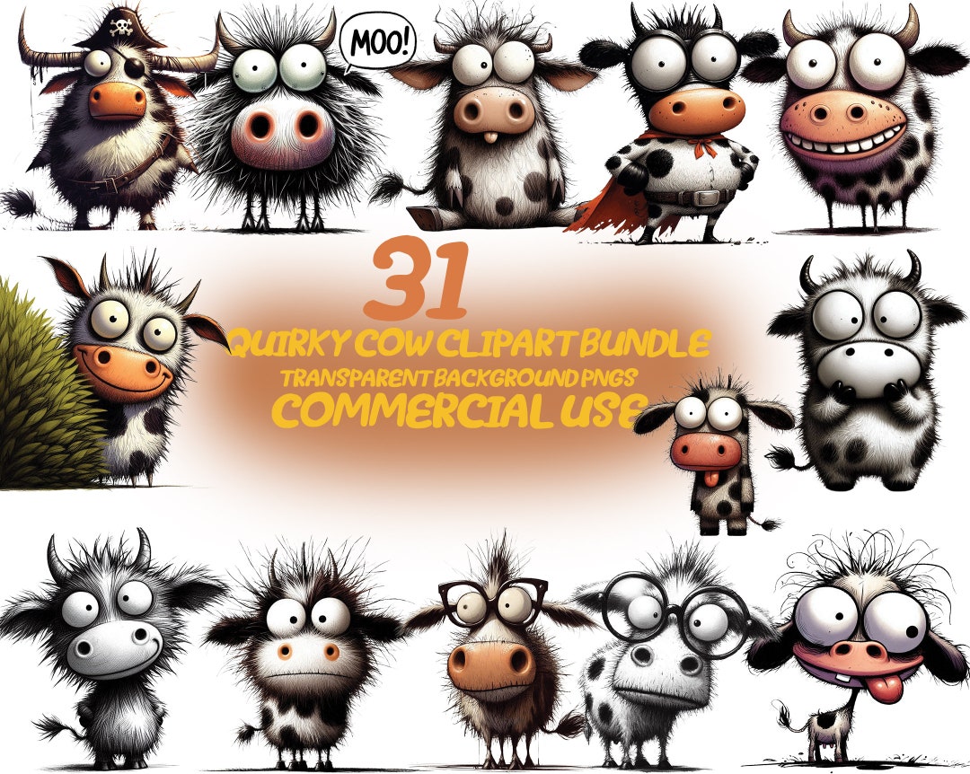 Quirky Cow Clipart Bundle: 31 Funny, Sarcastic, Whimsical Cow ...
