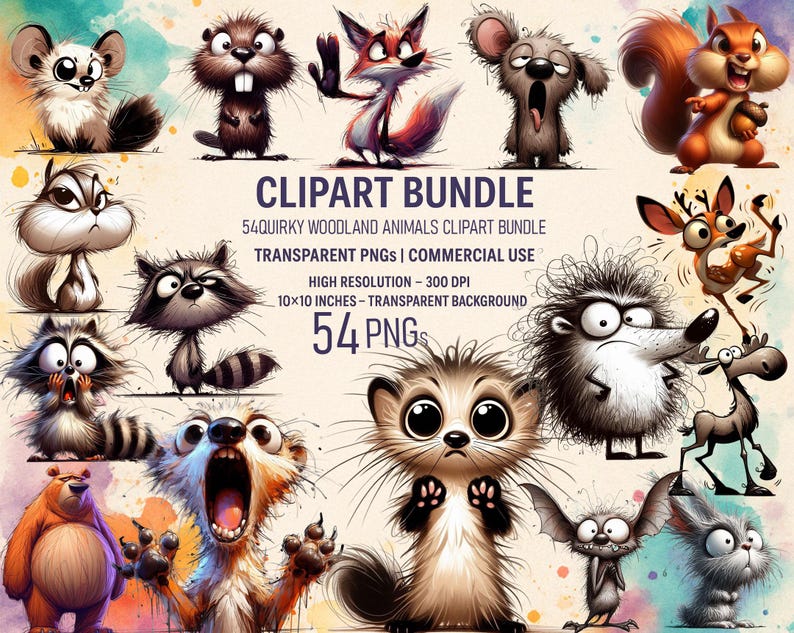 Quirky Woodland Animals Clipart Bundle: Funny Cartoon Pngs (digital ...