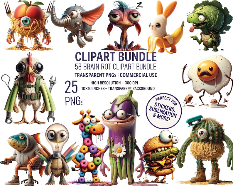 Brain Rot Clipart Bundle: 58 Funny Creepy Food Animals PNG (digital ...