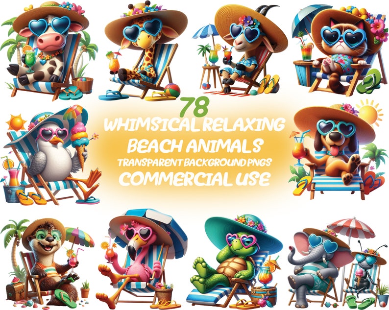 Whimsical Beach Animals Clipart Bundle: Summer Cartoon (digital ...