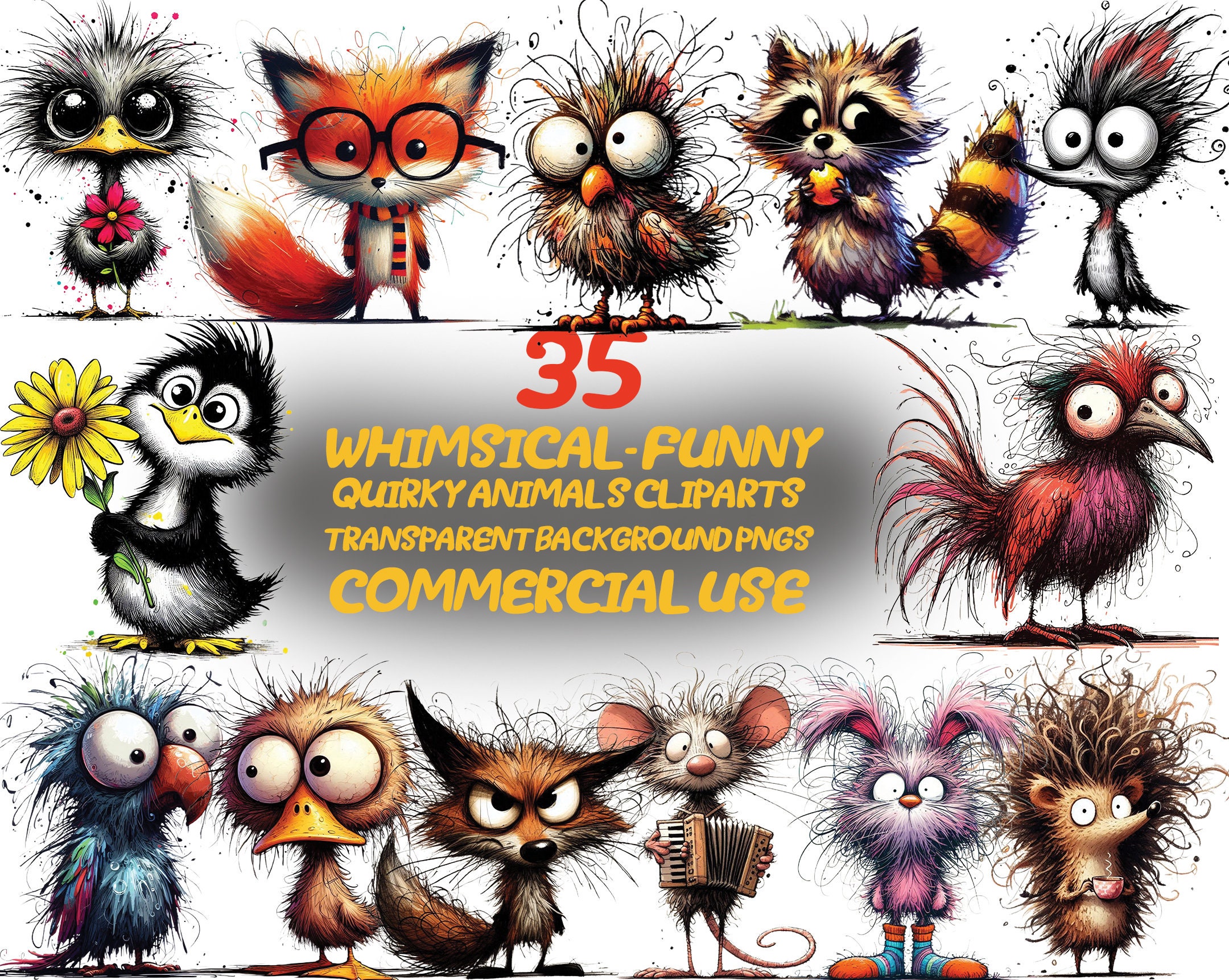 35 Whimsical Funny Animal Clipart, Quirky Animals Clipart,crazy Animals ...