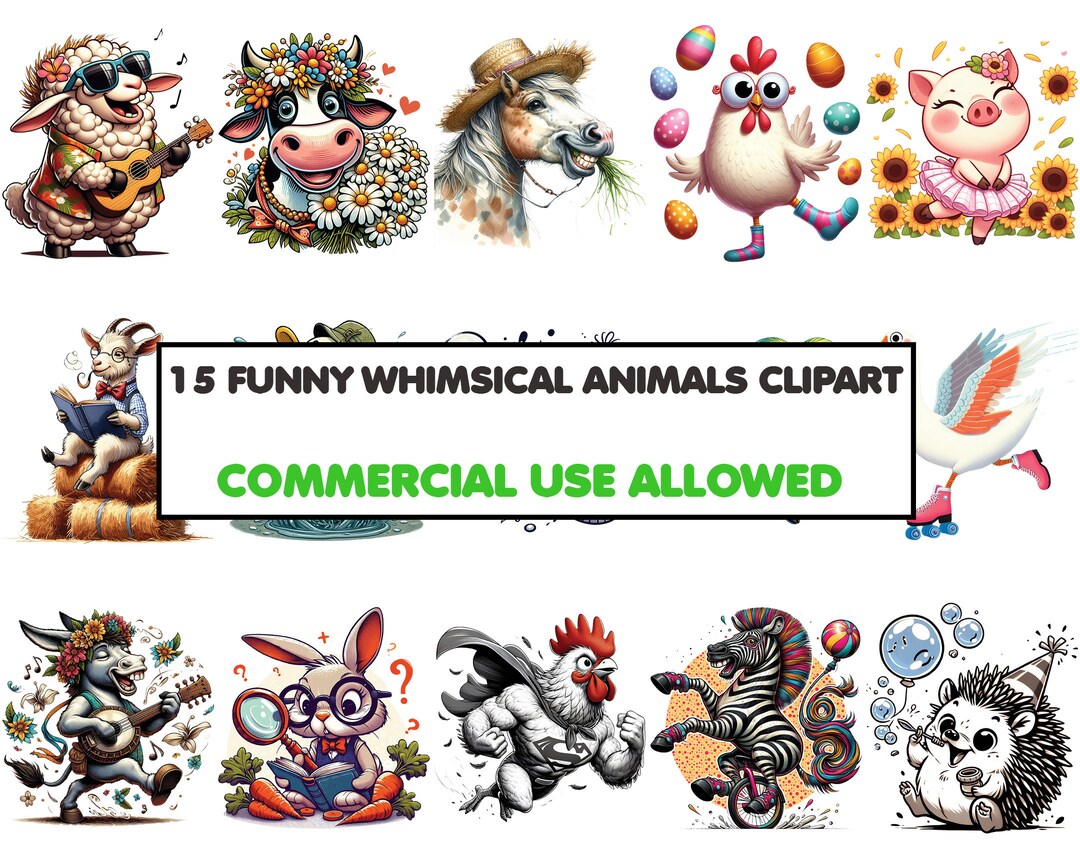 15 Funny Whimsical Animals Clipart Bundle - Digital Illustrations for ...