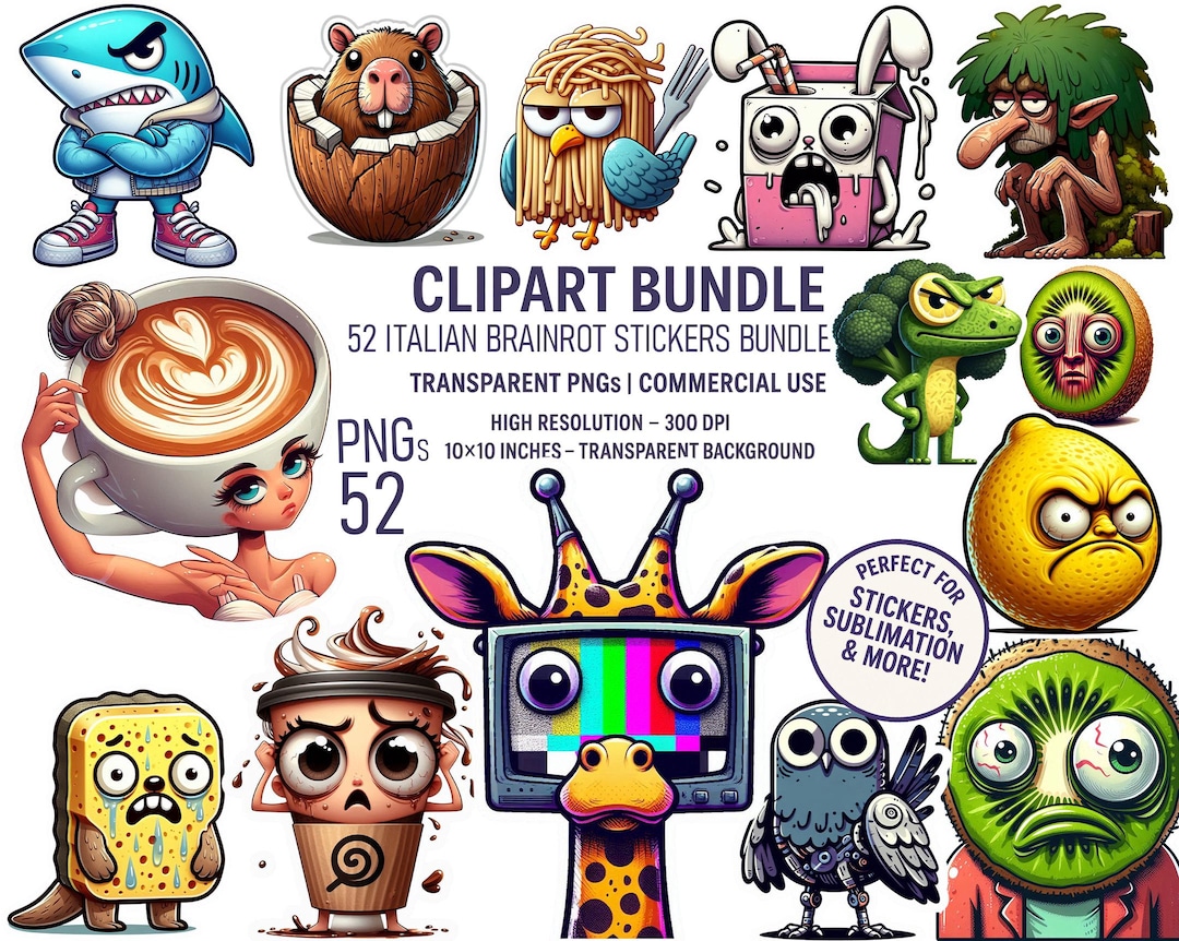 Italian Brainrot Stickers: 52 Absurdist Animal Mashups (PNG Digital ...