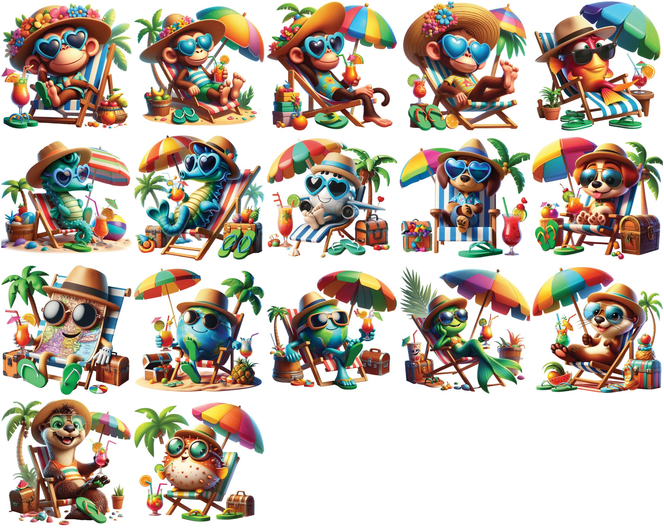 Whimsical Beach Animals Clipart Bundle: Summer Cartoon (digital ...