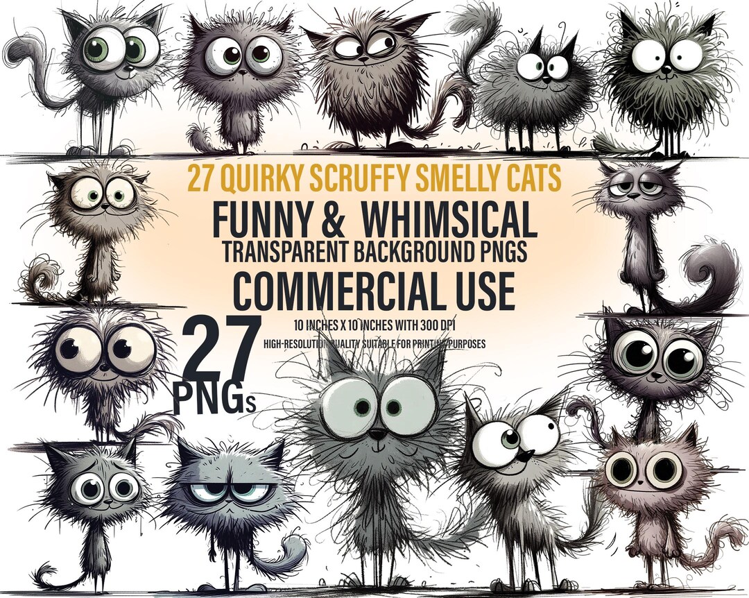 27 Quirky Cat Clipart Pngs: Whimsical Frazzled Cat Art (digital ...
