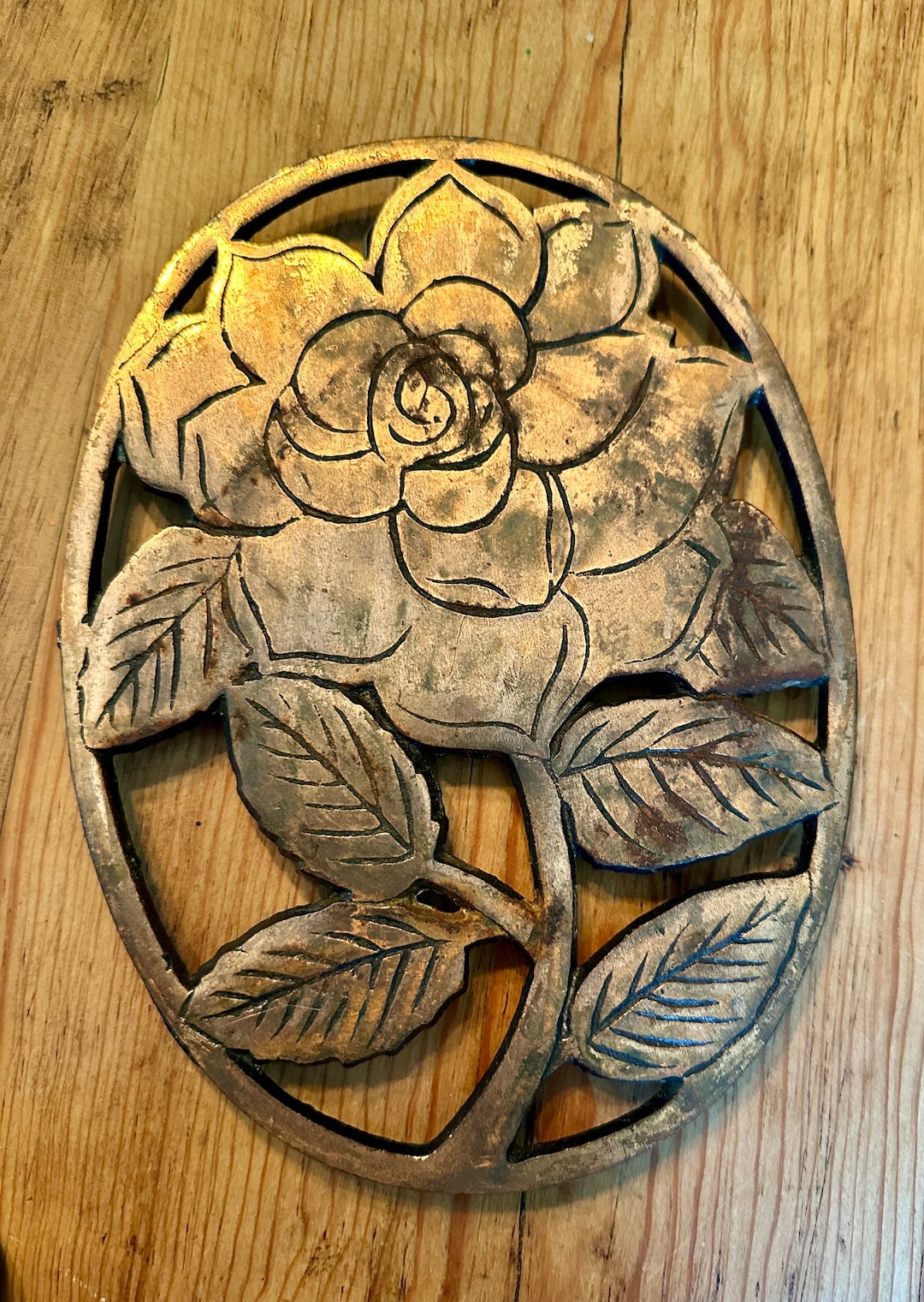 Trivet, Old Dutch Design 1983 Cast Iron Copper Cabbage Rose Trivet or ...