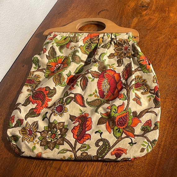 Vintage fabric bag with wooden handles - Gem