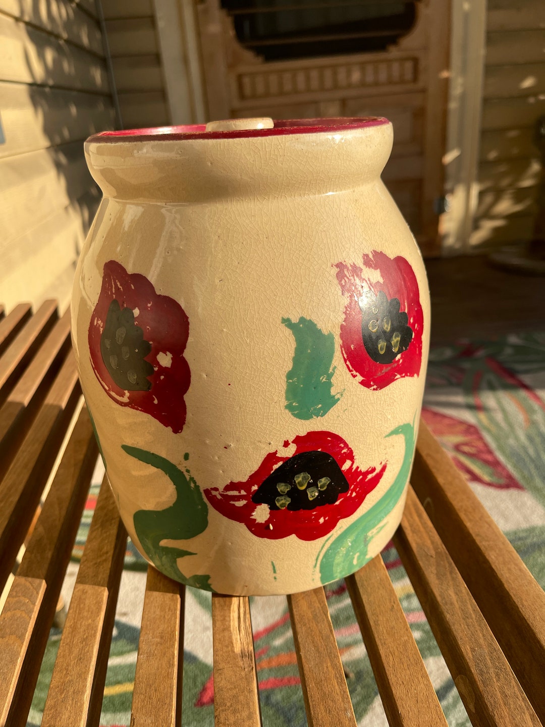 Vintage Painted Stoneware Crock, Canister - Etsy