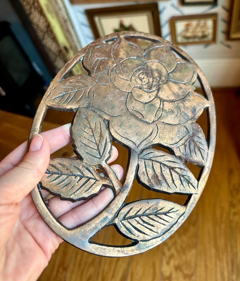 Trivet, Old Dutch Design 1983 Cast Iron Copper Cabbage Rose Trivet or ...