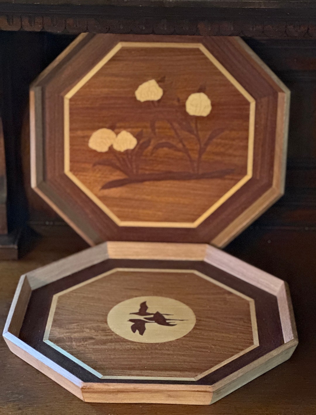 Set of Two Vintage Wood Inlay Octagon Serving Trays - Etsy