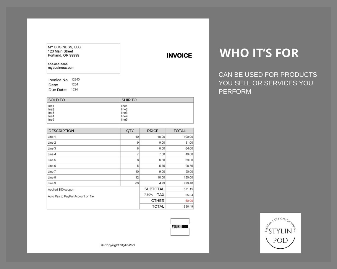 Invoice Template for Small Business. Includes Printable Invoice and ...