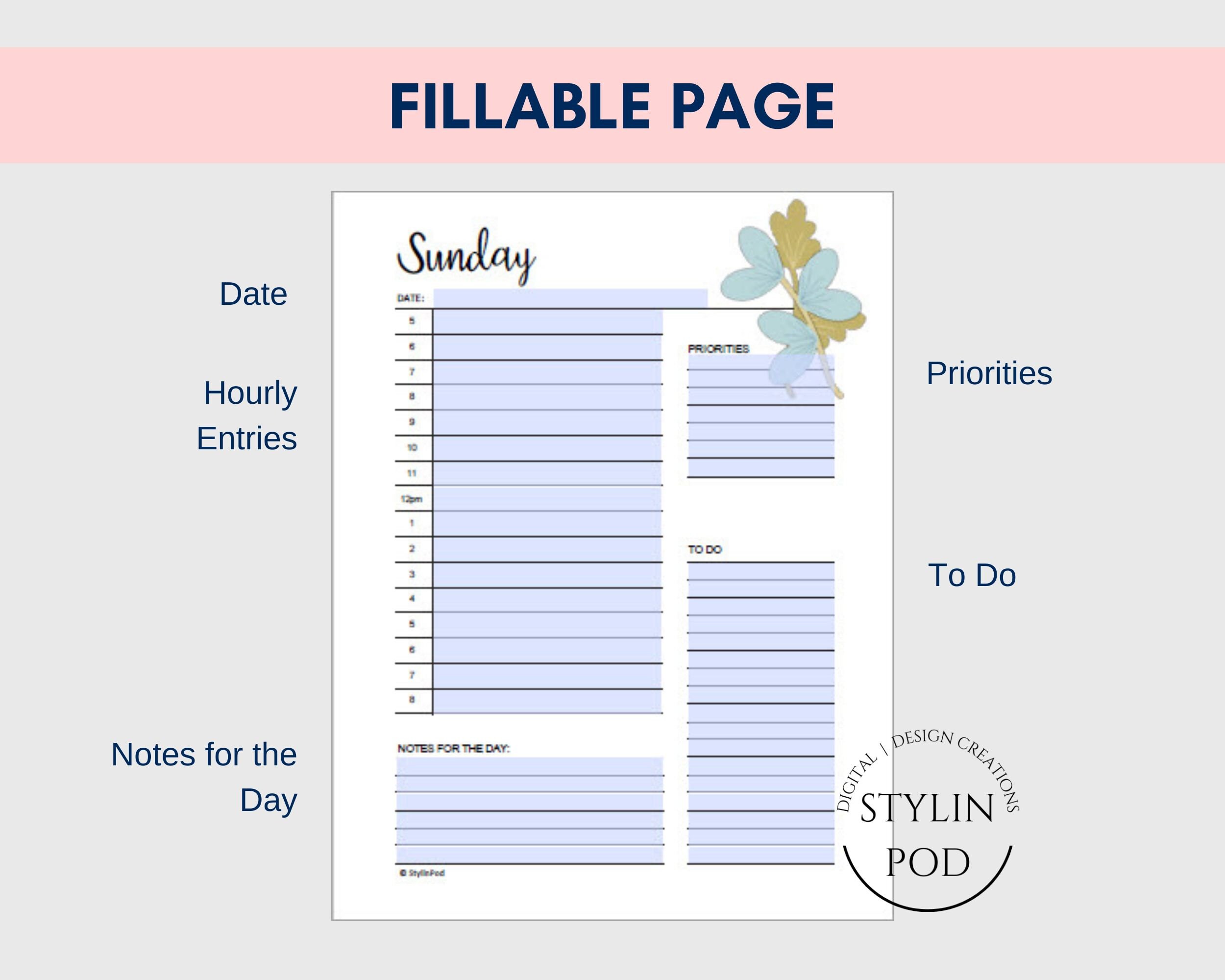 Floral Daily Planner Printable, Fillable PDF to Use as Hourly Planner ...