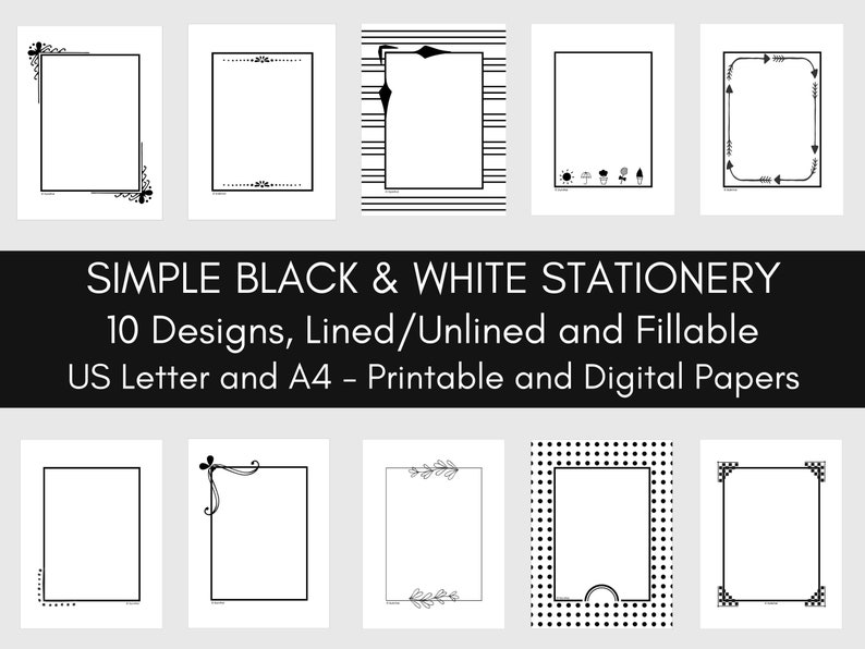 Printable Stationary in Simple Black and White Minimalist Design. Cute ...