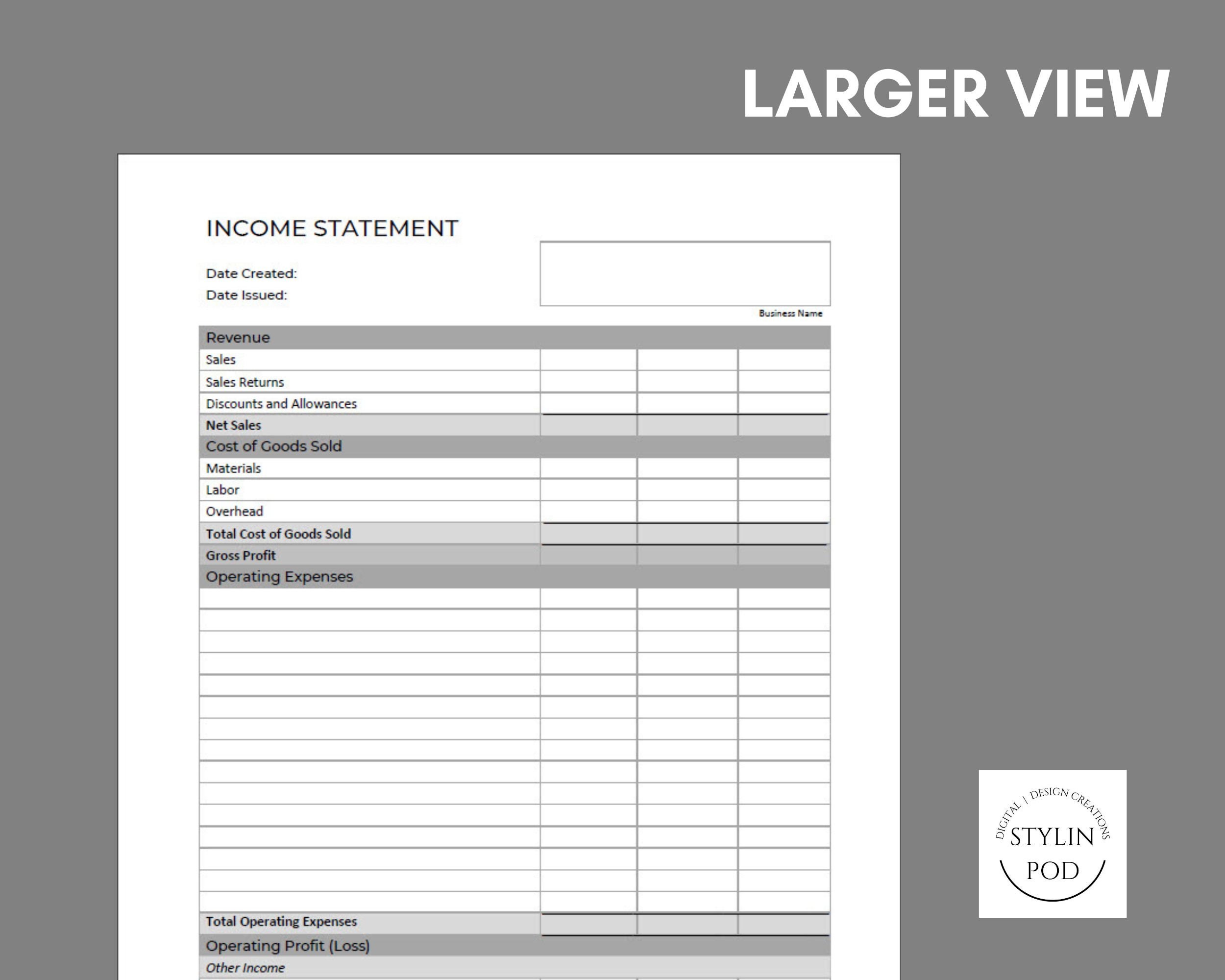 Income Statement / Profit and Loss Statement. Includes Printable ...