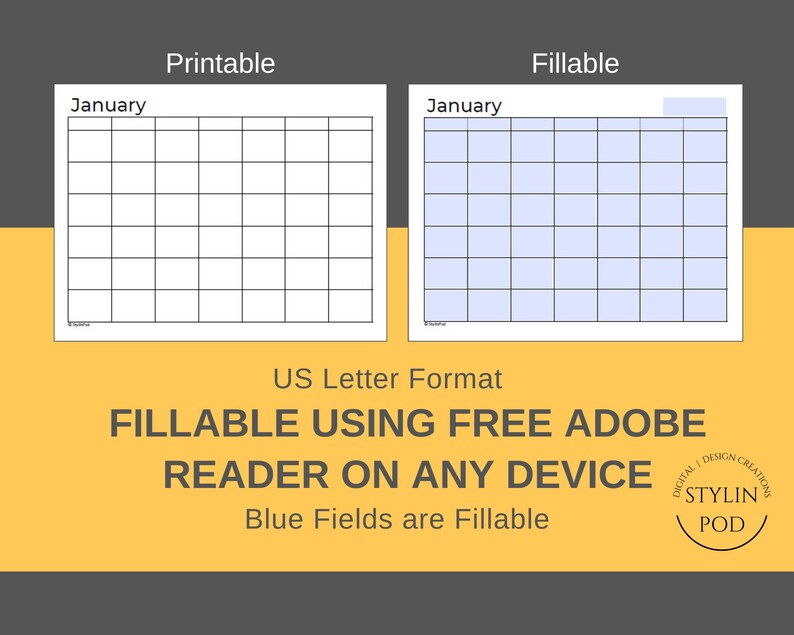 Blank Yearly Calendar Printable Fill Manually or as a Fillable Digital ...