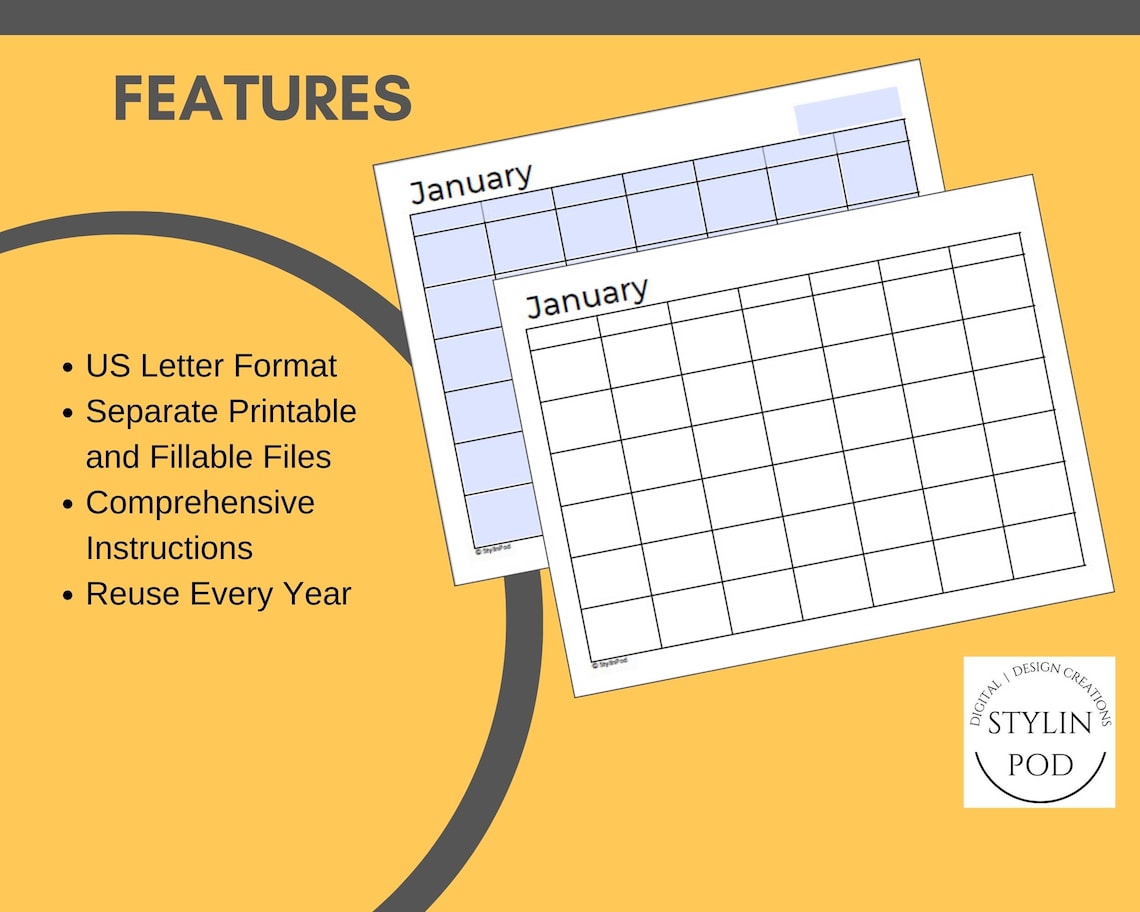 Blank Yearly Calendar Printable Fill Manually or as a Fillable Digital ...