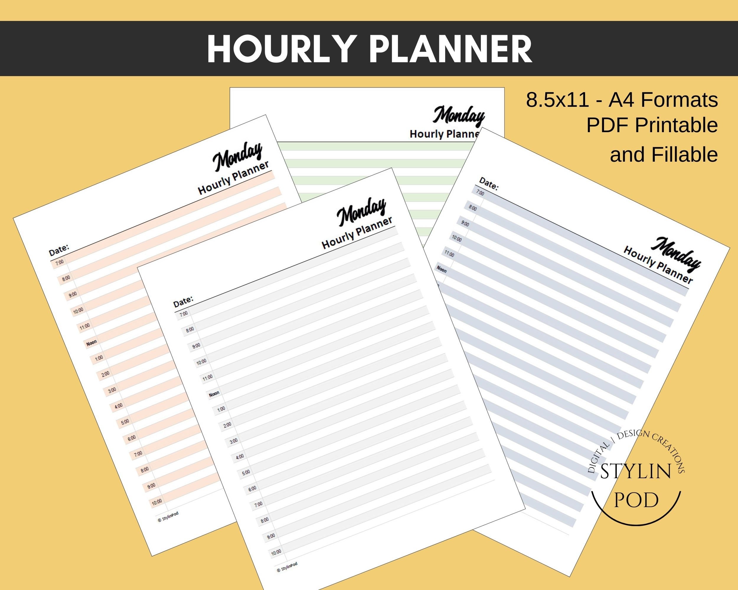 Hourly Planner Printable and Fillable Form in a Simple Minimalist ...