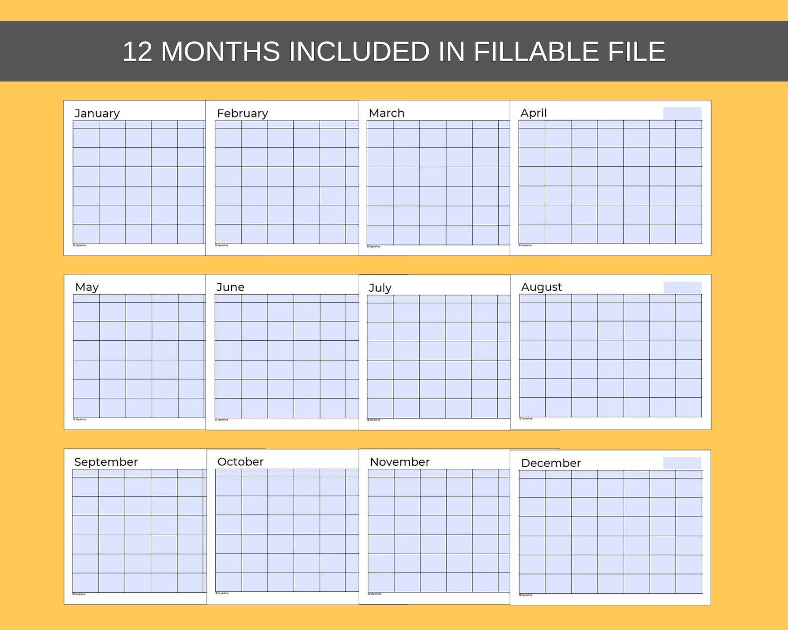 Blank Yearly Calendar Printable Fill Manually or as a Fillable Digital ...