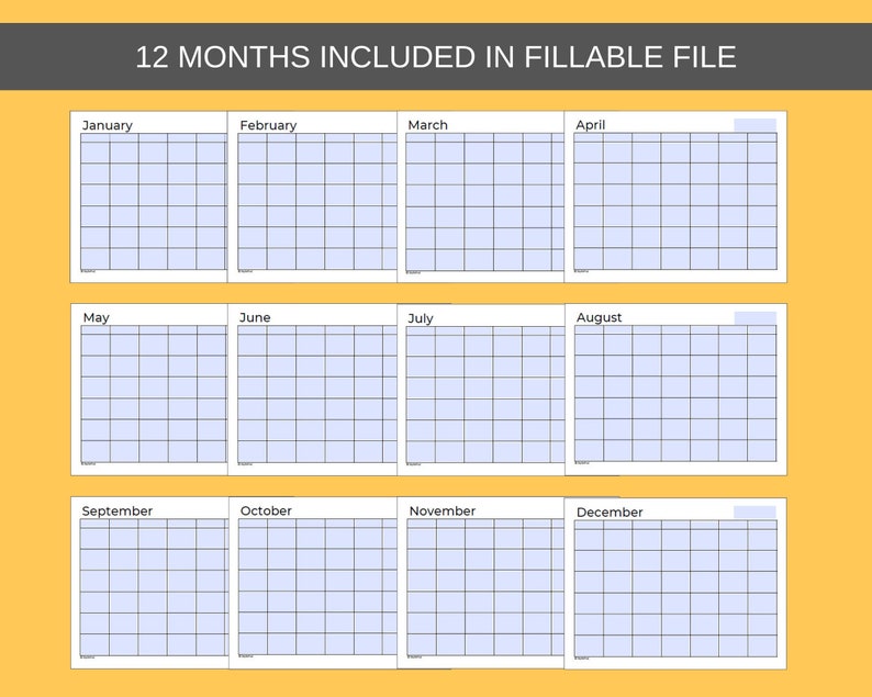 Blank Yearly Calendar Printable Fill Manually or as a Fillable Digital ...