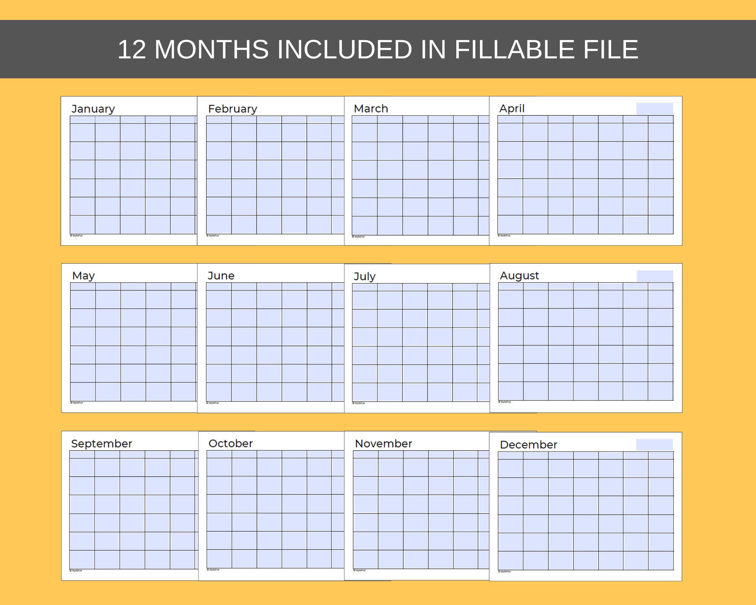 Blank Yearly Calendar Printable Fill Manually or as a Fillable Digital ...