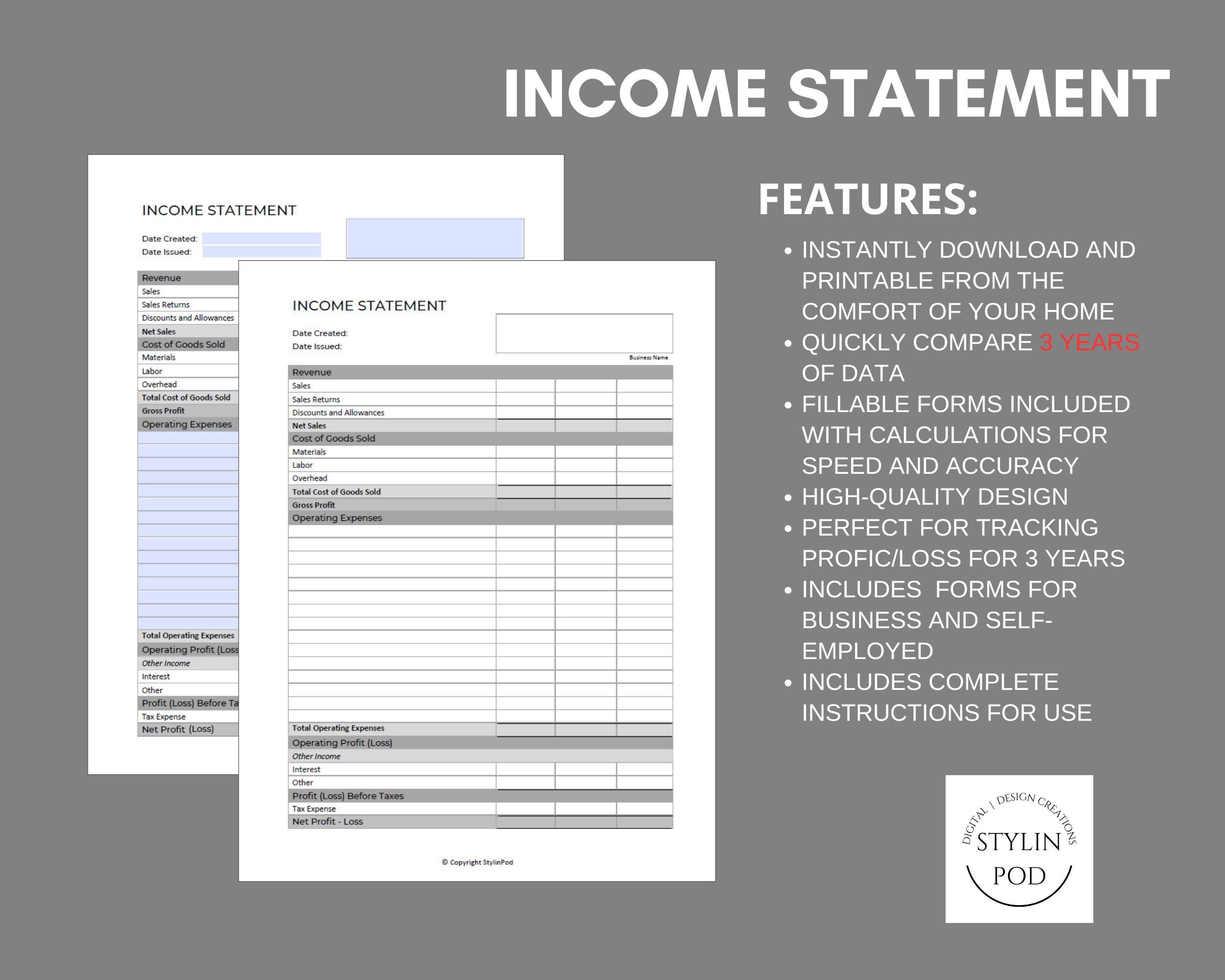 Income Statement / Profit and Loss Statement. Includes Printable ...