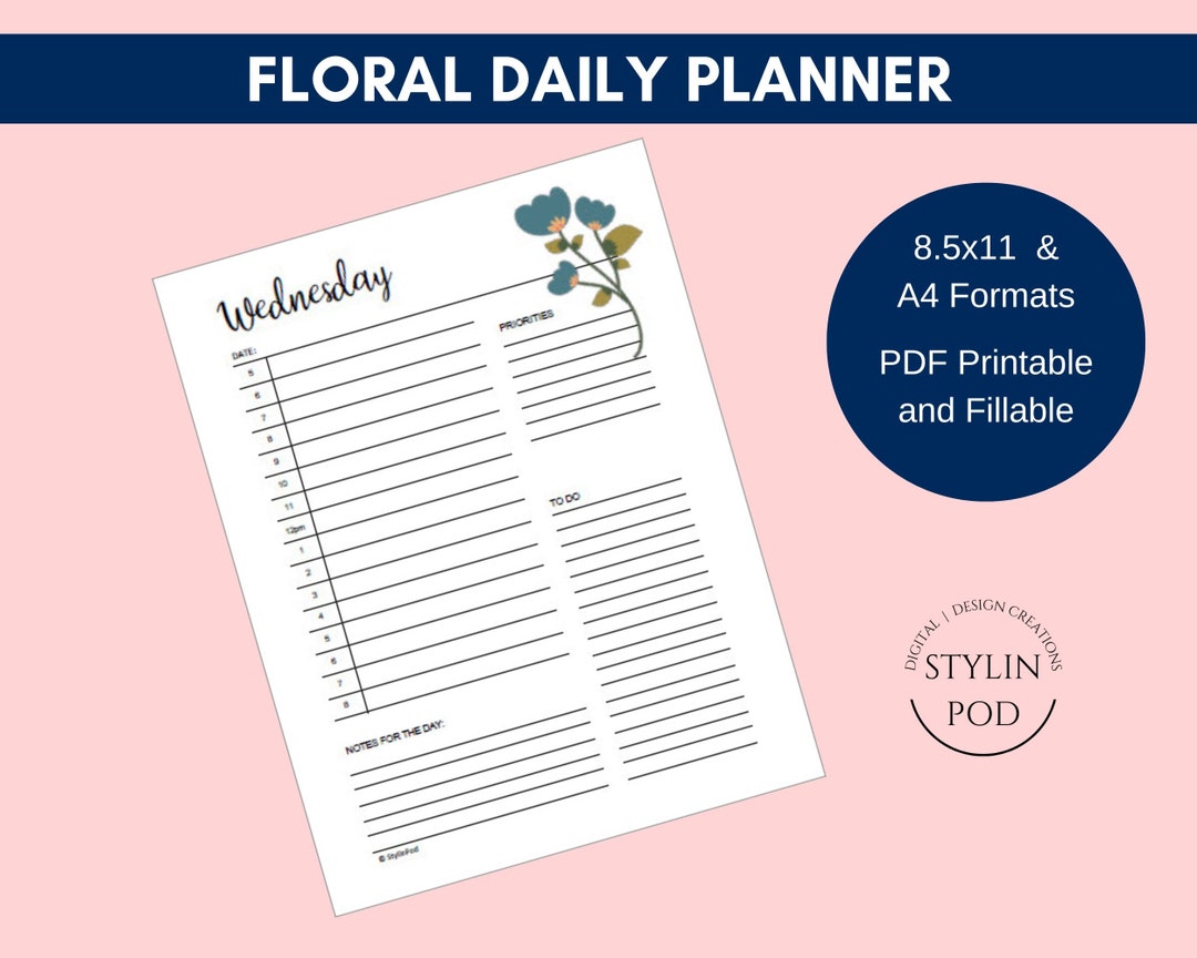 Floral Daily Planner Printable, Fillable PDF to Use as Hourly Planner ...