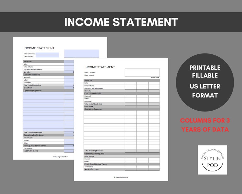 Income Statement / Profit and Loss Statement. Includes Printable ...