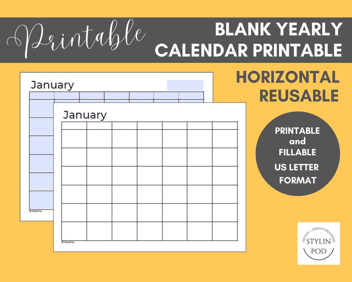 Blank Yearly Calendar Printable Fill Manually or as a Fillable Digital ...