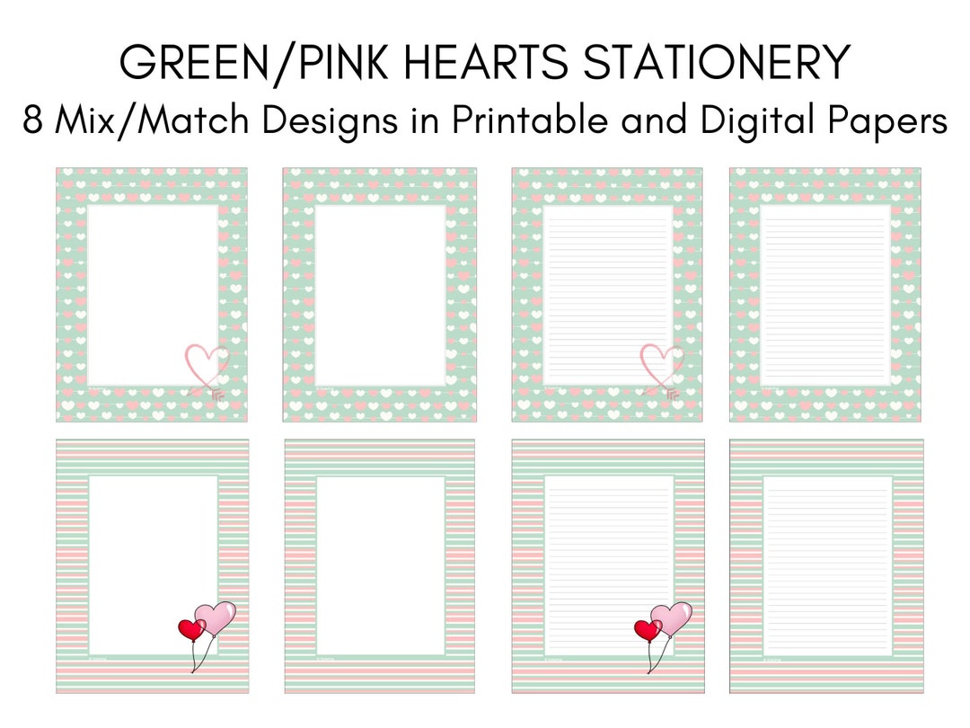 Decorative Paper in Green and Pink Heart Design. Cute Stationary ...